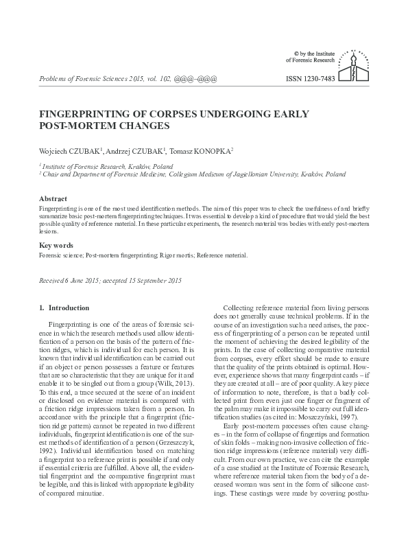 (PDF) Fingerprinting oF corpses undergoing early post-mortem changes