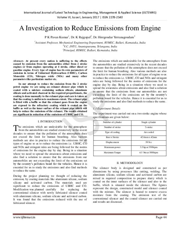 (PDF) A Investigation to Reduce Emissions from Engine