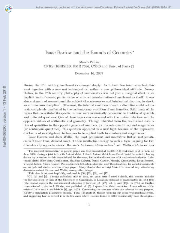 (PDF) Isaac Barrow and the Bounds of Geometry