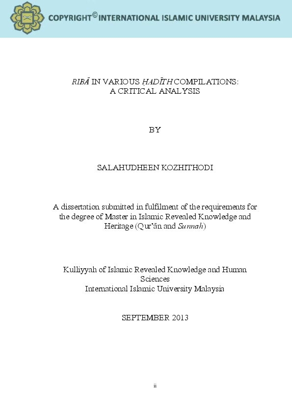 (PDF) RIBA IN VARIOUS HADITH COMPILATIONS: A CRITICAL ANALYSIS