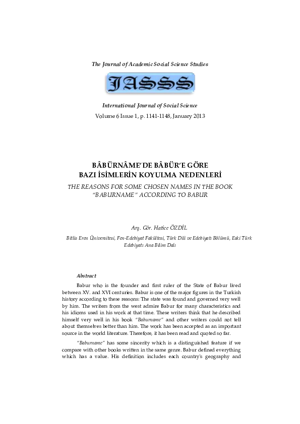 (PDF) BÂBÜRNÂME'DE BÂBÜR'E GÖRE BAZI İSİMLERİN KOYULMA NEDENLERİ THE ...