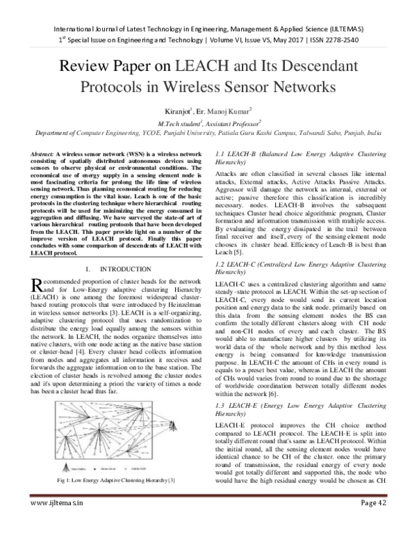 Pdf Review Paper On Leach And Its Descendant Protocols In Wireless Sensor Networks