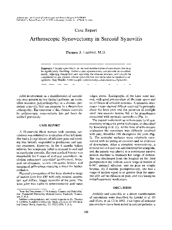 (PDF) Arthroscopic synovectomy in sarcoid synovitis