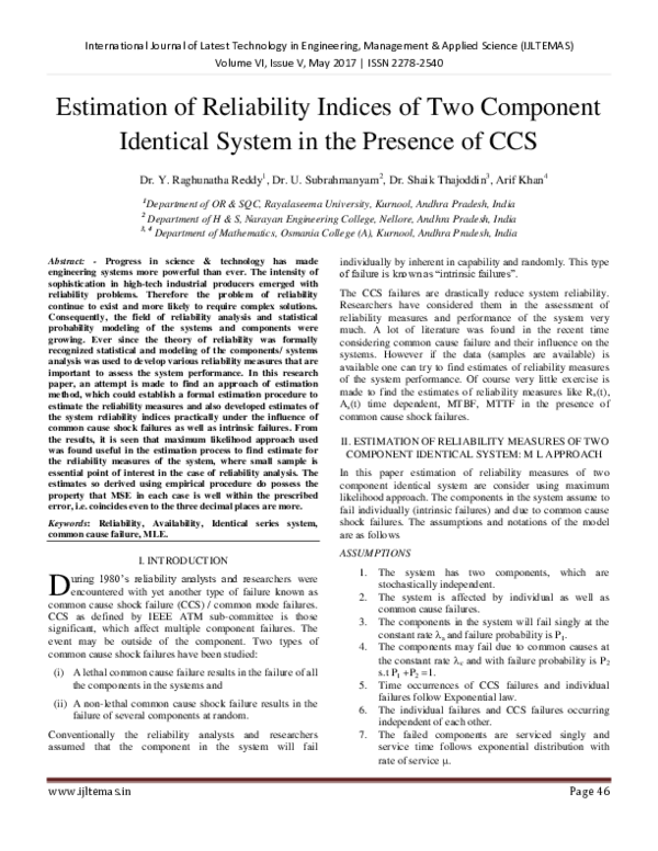 (PDF) Estimation of Reliability Indices of Two Component Identical System in the Presence of CCS