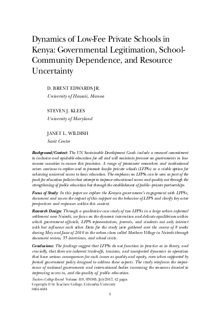 (PDF) Dynamics of Low-Fee Private Schools in Kenya: Governmental ...