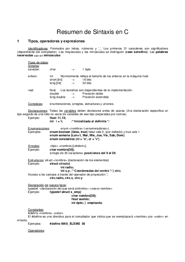 (PDF) Resumen de Sintaxis en C