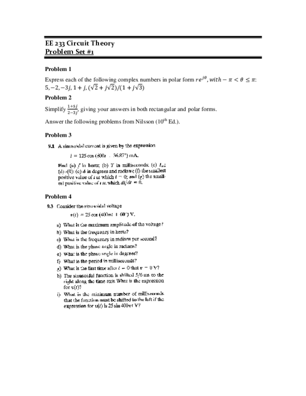 (PDF) EE 233 Circuit Theory Problem Set #1