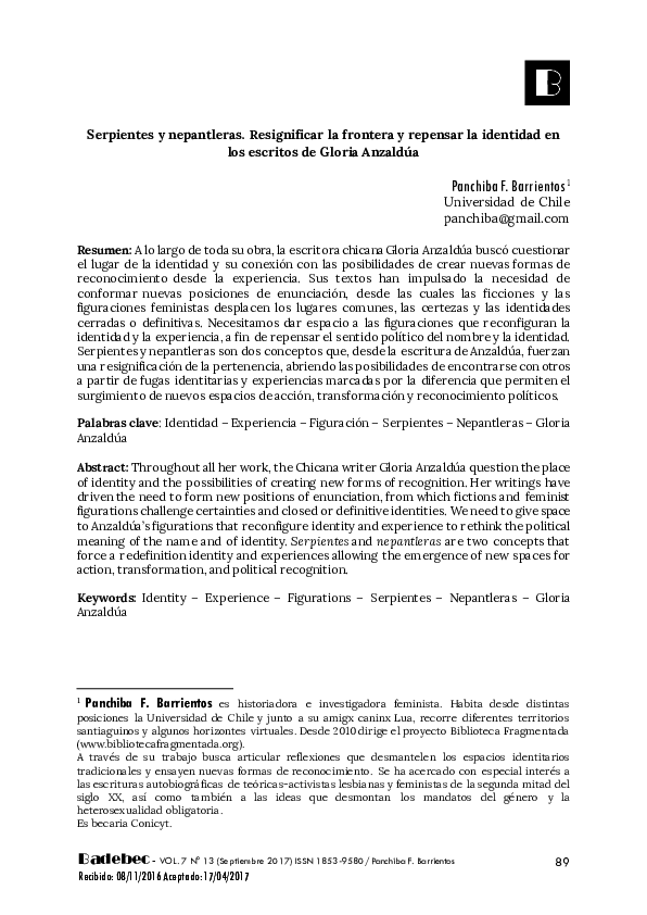 (PDF) Serpientes y nepantleras. Resignificar la frontera y repensar la ...