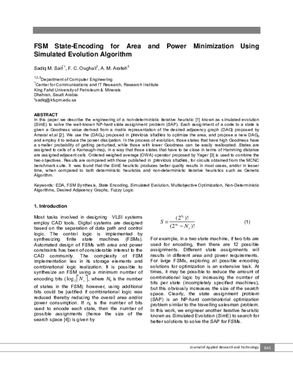 Pdf Fsm State Encoding For Area And Power Minimization Using