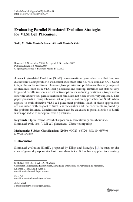 (PDF) Evaluating Parallel Simulated Evolution Strategies for VLSI Cell Placement