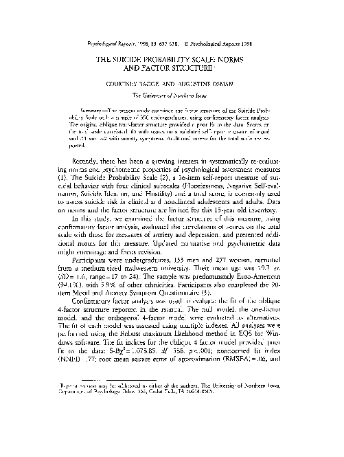 (PDF) The Suicide Probability Scale: Norms and Factor Structure