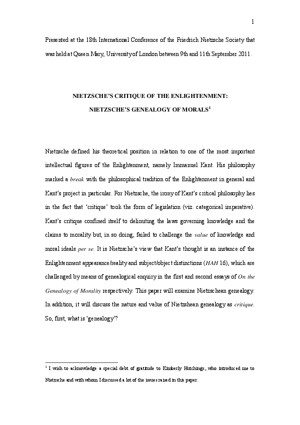 (PDF) "Nietzsche's Critique of the Enlightenment: Nietzsche's Genealogy ...
