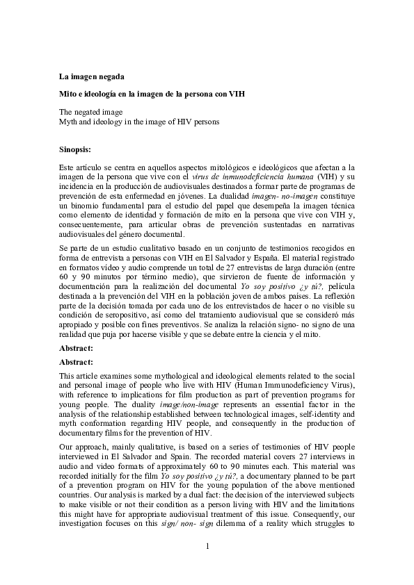(PDF) La imagen negada. Mito e ideología en la imagen de la persona con VIH