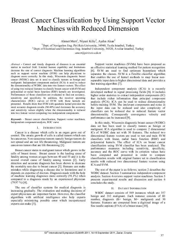 Pdf Breast Cancer Classification By Using Support Vector Machines With Reduced Dimension