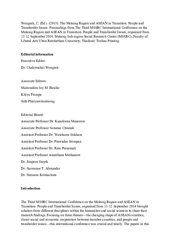 (PDF) Wongrak, C. (Ed.). (2015). The Mekong Region and ASEAN in ...