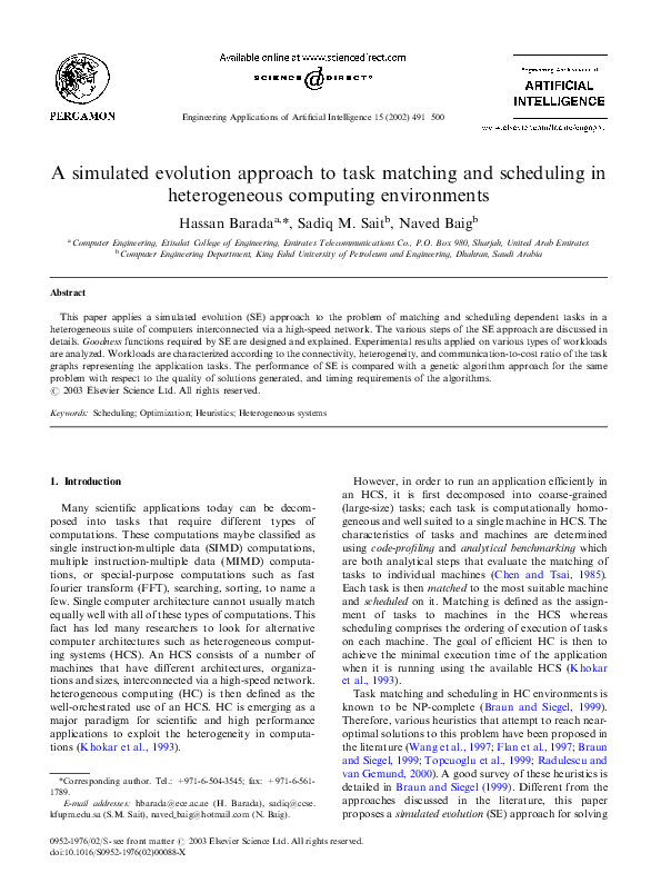 Pdf A Simulated Evolution Approach To Task Matching And Scheduling In Heterogeneous Computing
