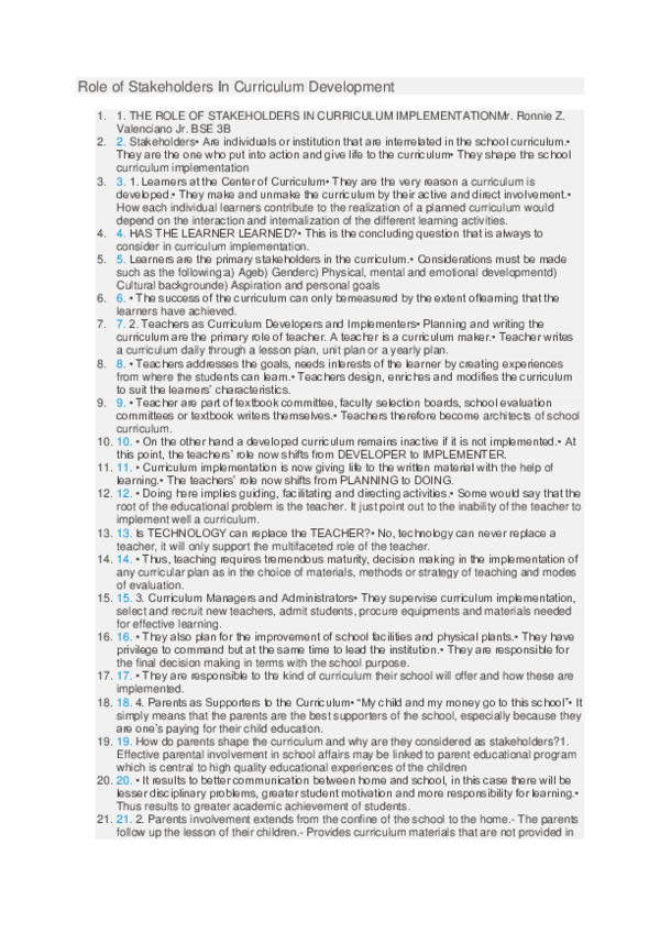 (DOC) Role of Stakeholders In Curriculum Development