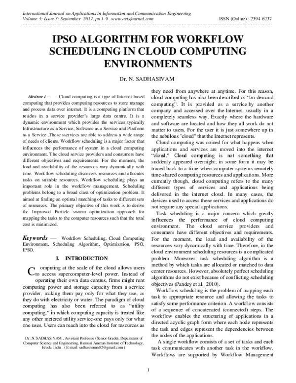 Pdf Ipso Algorithm For Workflow Scheduling In Cloud Computing