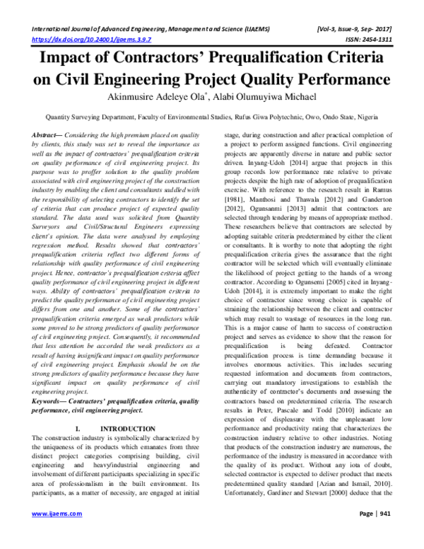 (PDF) Impact of Contractors' Prequalification Criteria on Civil Engineering Project Quality ...
