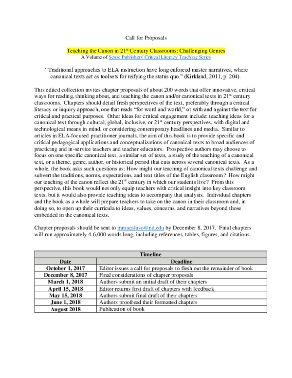 (DOC) Call for Chapter Proposals: Teaching the Canon in 21st Century ...