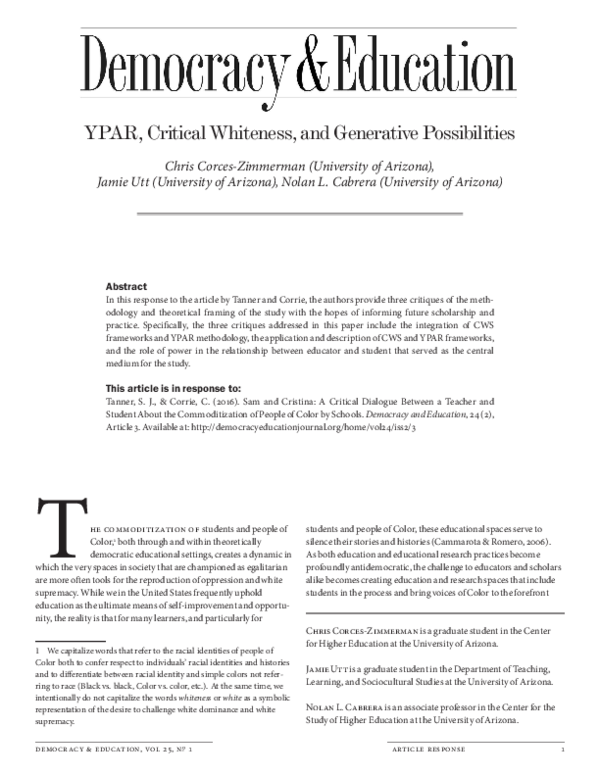 (PDF) YPAR, Critical Whiteness, and Generative Possibilities