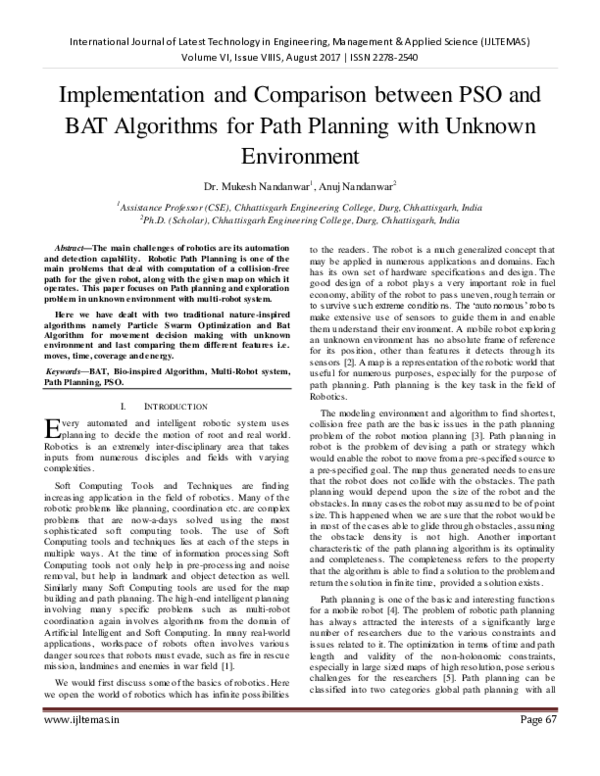 (PDF) Implementation and Comparison between PSO and BAT Algorithms for Path Planning with ...