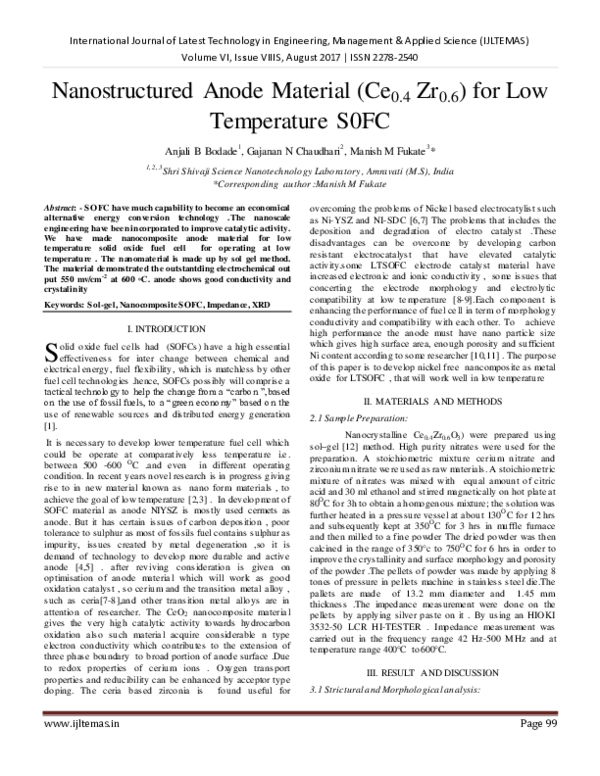 (PDF) Nanostructured Anode Material (Ce0.4 Zr0.6) for Low Temperature S0FC