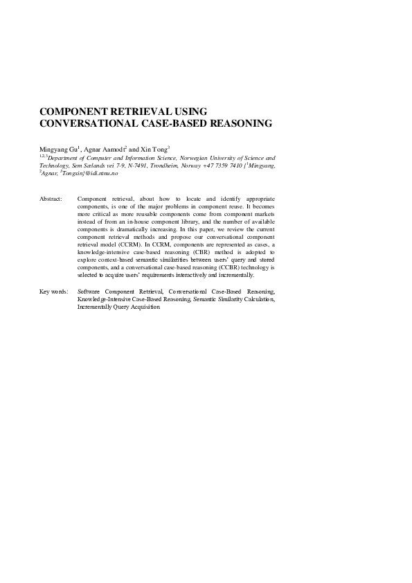 (PDF) Component Retrieval Using Conversational Case-Based Reasoning