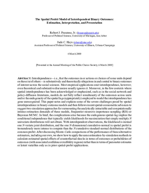 Pdf The Spatial Probit Model Of Interdependent Binary Outcomes Estimation Interpretation