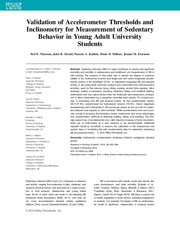 (PDF) Validation of Accelerometer Thresholds and Inclinometry for Measurement of Sedentary ...