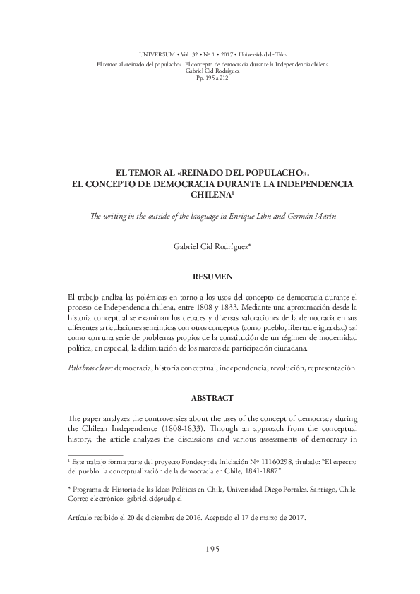 (PDF) El temor al «reinado del populacho». El concepto de democracia durante la independencia ...
