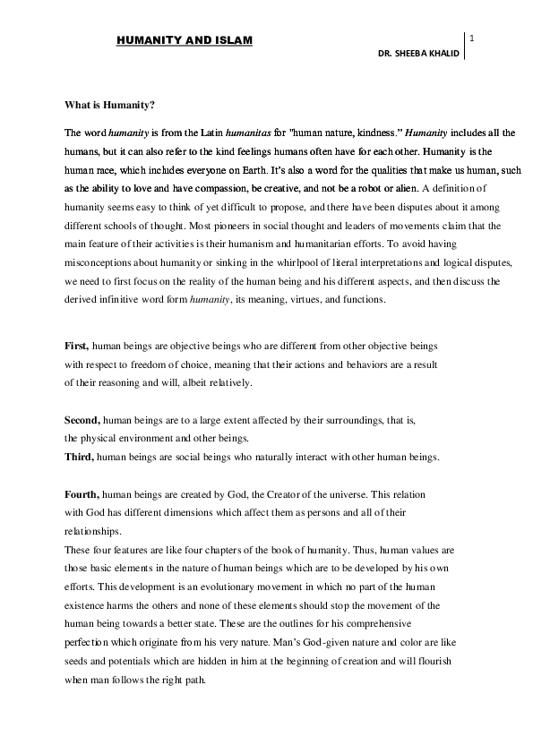 (PDF) HUMANITY AND ISLAM What is Humanity