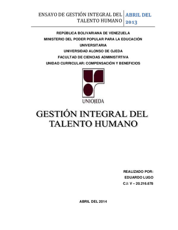 (PDF) ENSAYO DE GESTIÓN INTEGRAL DEL TALENTO HUMANO ABRIL DEL 2013 ...