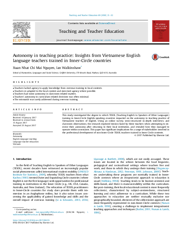 (PDF) Autonomy in teaching practice: Insights from Vietnamese English ...