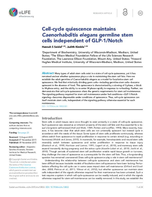 (PDF) Cell-cycle quiescence maintains Caenorhabditis elegans germline ...