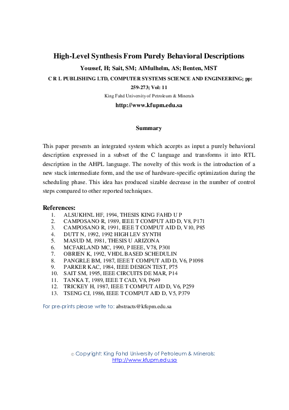 (PDF) High-Level Synthesis From Purely Behavioral Descriptions