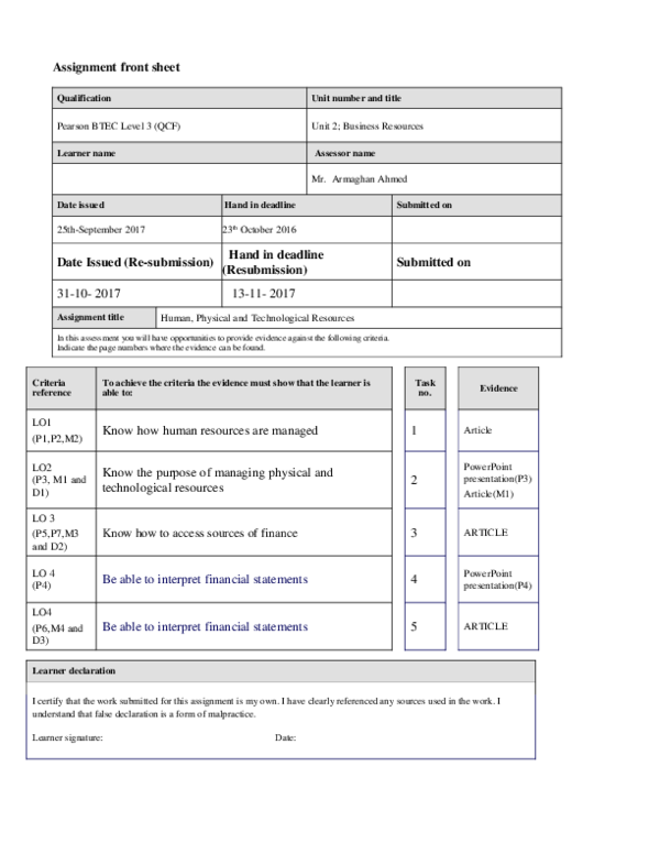Doc Assignment Front Sheet Qualification Unit Number And Title Pearson Btec Level 3 Qcf Unit