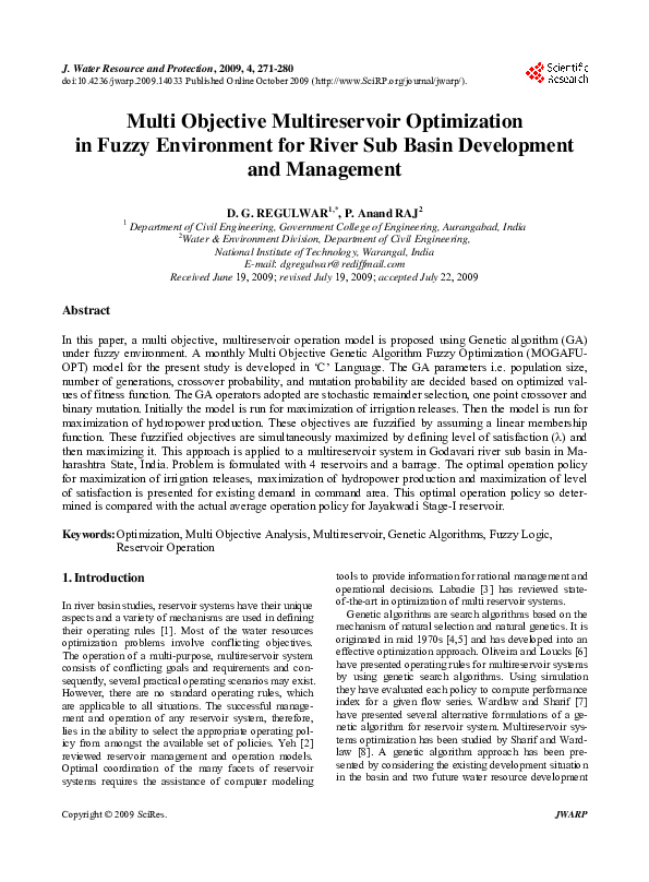 Pdf Multi Objective Multireservoir Optimization In Fuzzy Environment For River Sub Basin