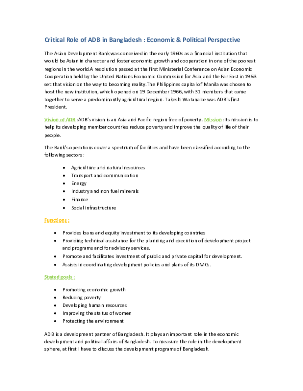 (DOC) Critical Role of ADB in Bangladesh : Economic & Political Perspective