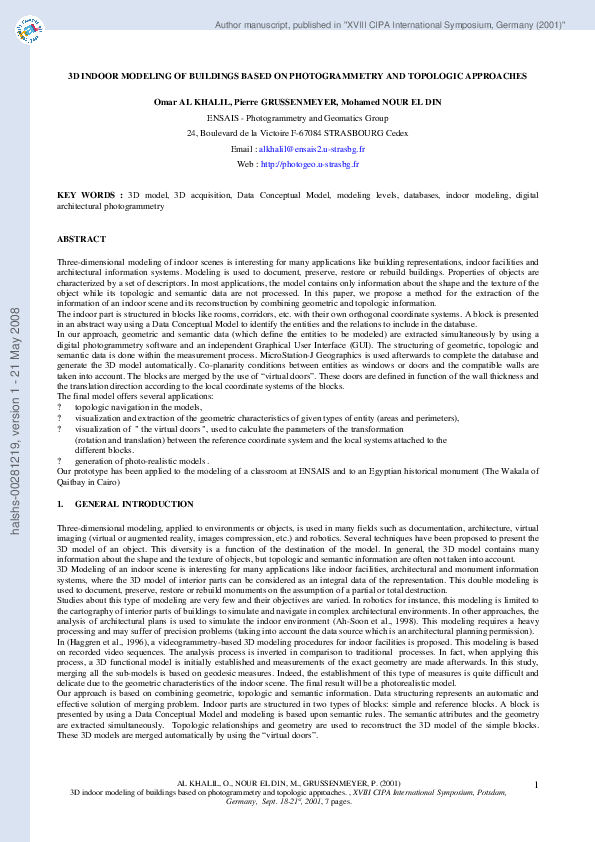 (PDF) 3D INDOOR MODELING OF BUILDINGS BASED ON PHOTOGRAMMETRY AND TOPOLOGIC APPROACHES