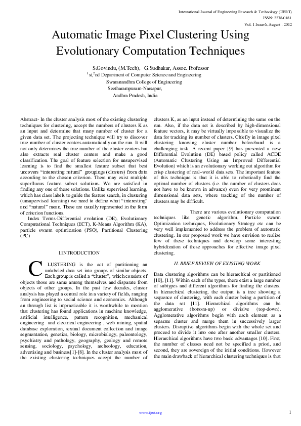 Pdf Automatic Image Pixel Clustering Using Evolutionary Computation