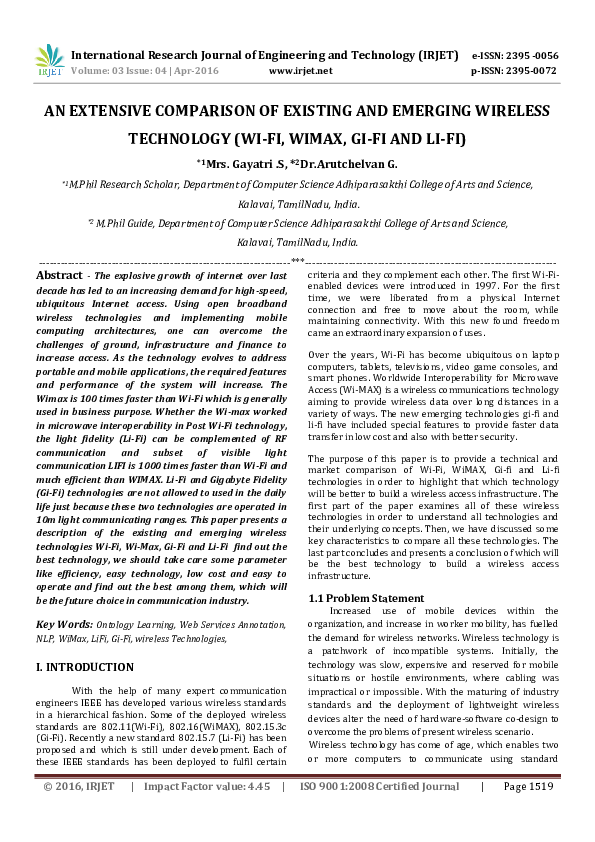 (PDF) AN EXTENSIVE COMPARISON OF EXISTING AND EMERGING WIRELESS ...