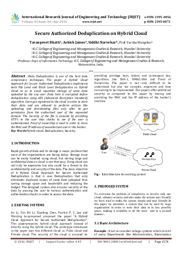 Pdf Secure Authorized Deduplication On Hybrid Cloud