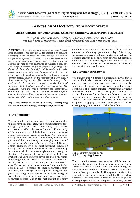 (PDF) Generation of Electricity from Ocean Waves