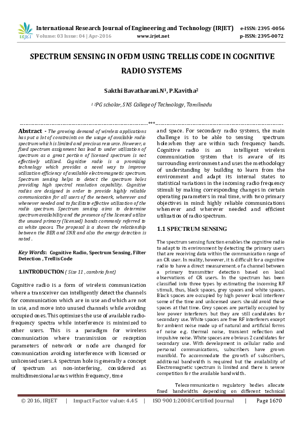 (PDF) SPECTRUM SENSING IN OFDM USING TRELLIS CODE IN COGNITIVE RADIO SYSTEMS