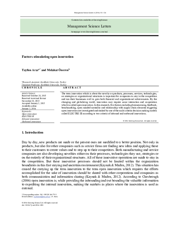 (PDF) Management Science Letters Factors stimulating open innovation | TAYFUN ARAR - Academia.edu