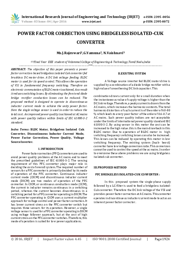 (PDF) Power factor correction using Bridgeless isolated- CUK Converter