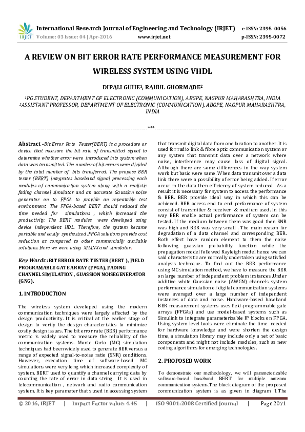 Pdf A Review On Bit Error Rate Performance Measurement For Wireless System Using Vhdl