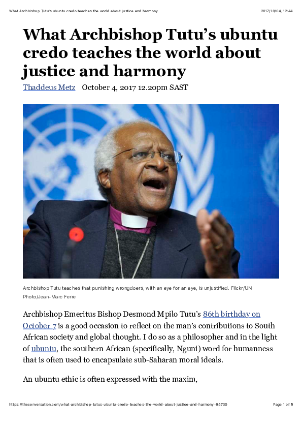 (PDF) What Archbishop Tutu's ubuntu credo teaches the world about ...