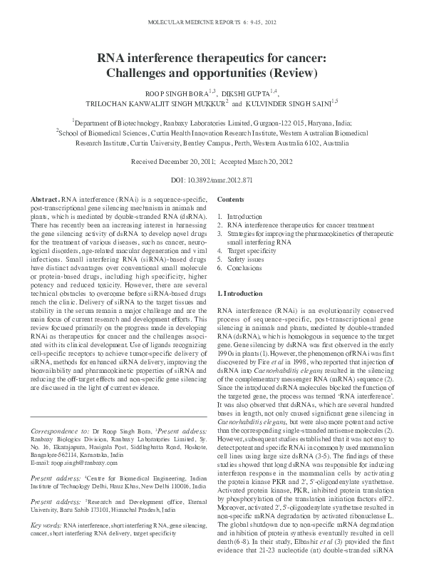 (PDF) RNA interference therapeutics for cancer: Challenges and ...